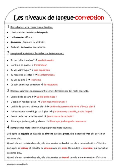 Niveaux De Langue Ce Exercices Imprimer Pass Education
