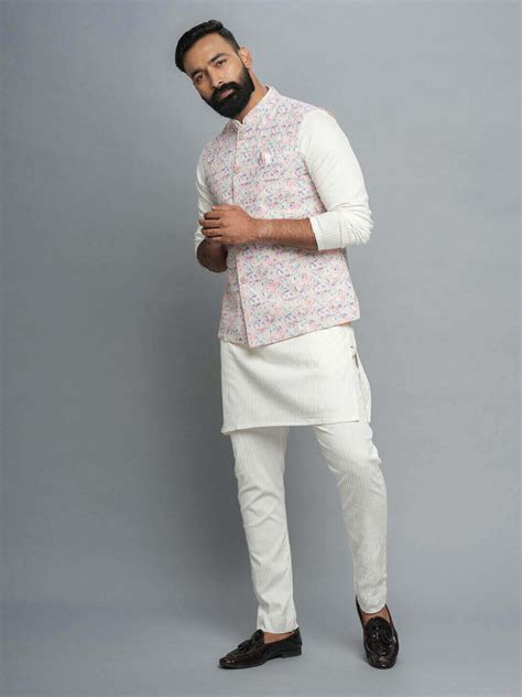 White Multi Colored Kurta Pyjama Bandi Set
