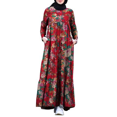 Buy ZANZEA Womens Muslim Dress Vintage Fashion Floral Print Long Sleeve