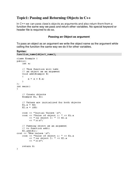 topic1 passing and returning objects in c passing an object as argument pdf subroutine c