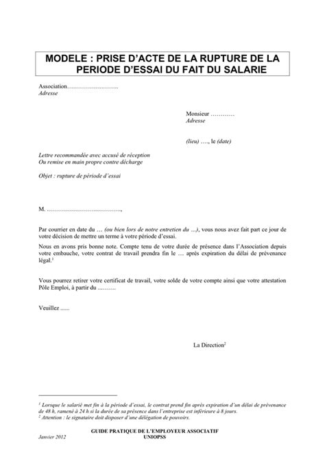 Modelé de prise dacte de la rupture de la periode dessai du fait du