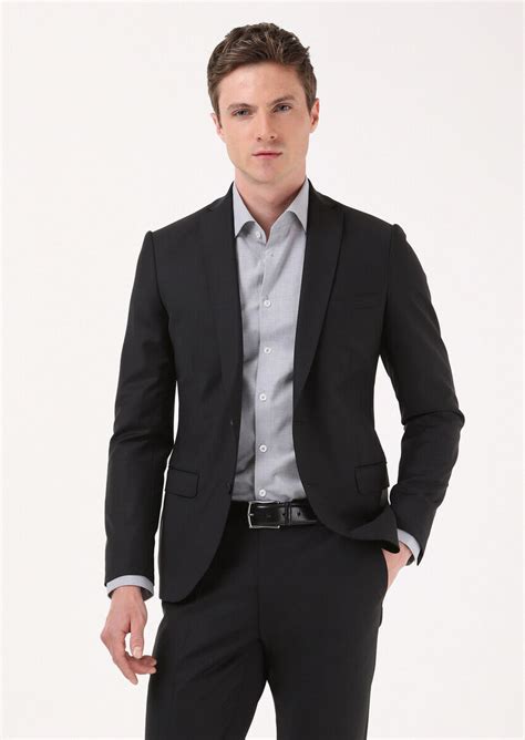 Erkek Siyah Düz Fashion Slim Fit Yün Karışımlı Takım Elbise RAMSEY