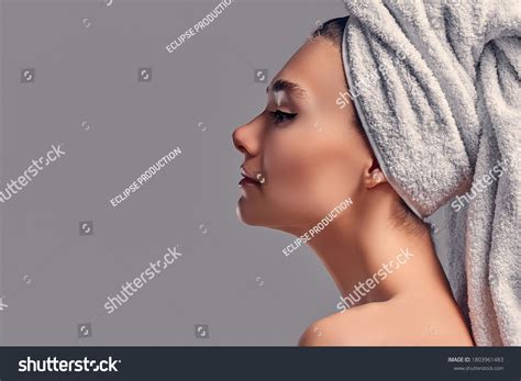 Beauty Portrait Cheerful Attractive Half Naked Stock Photo 1803961483
