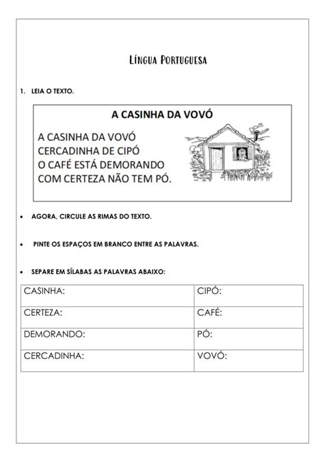 Ano Atividade De Leitura E Escrita A Casinha Da Vov Cuca