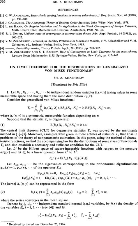 on limit theorems for the distributions of generalized von mises functionals theory of