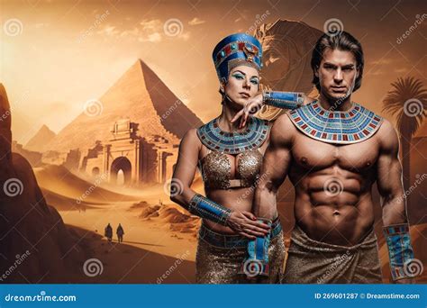 Elegant Female Pharaoh And Topless Man In Ancient Egypt Stock Image