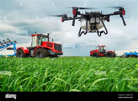 Modern Technologies In Agriculture An Industrial Drone Flies Over A