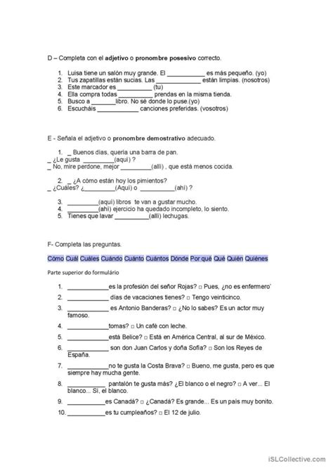 Ejercicios gramaticales Español ELE hojas de trabajo pdf doc