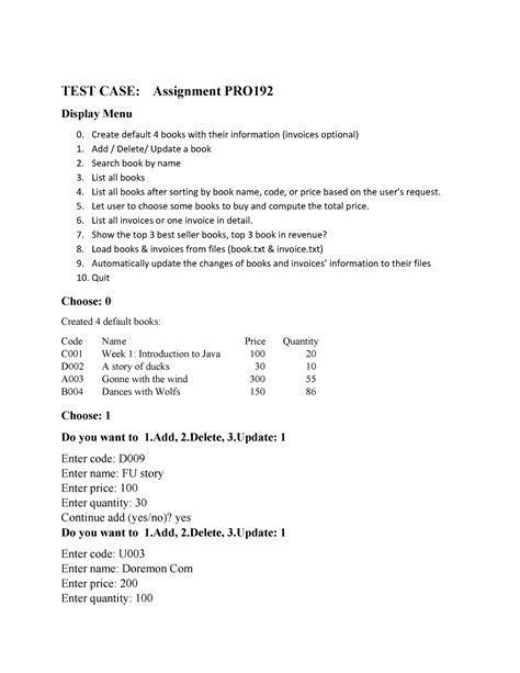 assignment pro192 test case test case assignment pro display menu 0 create default 4 books