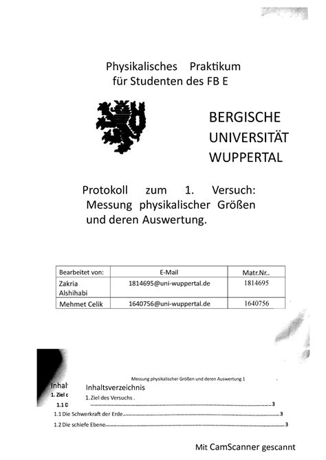 Protokoll Versuch 1 Physik Physikalisches Praktikum für Studenten des