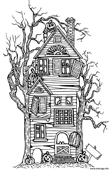 Coloriage Maison Halloween Arbres Difficile JeColorie