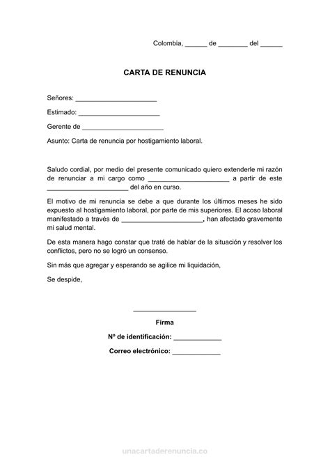 ᐅ Carta de Renuncia por Hostigamiento Laboral Ejemplos