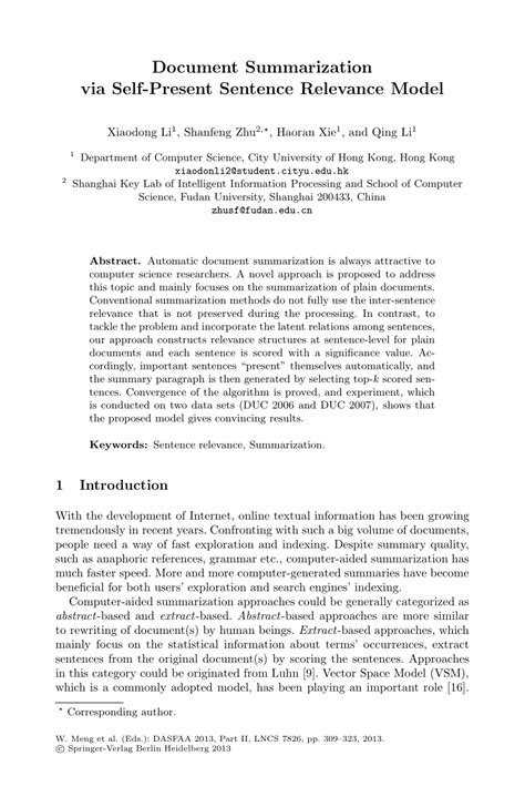 pdf document summarization via self present sentence relevance model