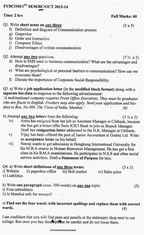 Question Papers Collection Fybcom Sem I Business Communication