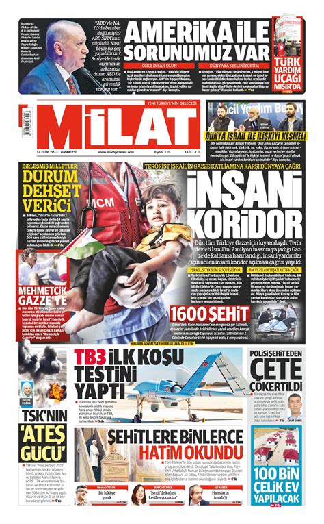 Milat Gazetesi 14 Ekim 2023 Cumartesi Günü Manşeti