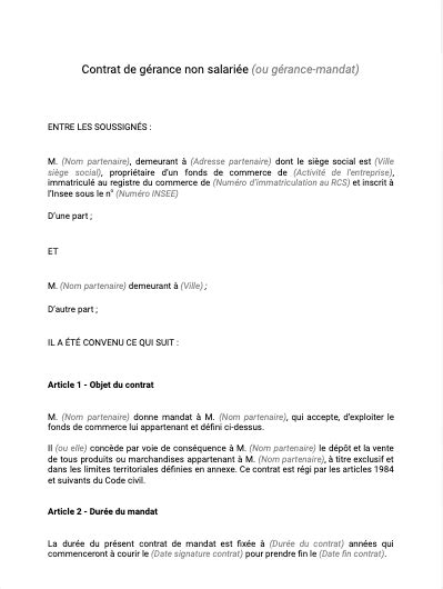 Contrat de gérance non salariée ou gérance mandat document et modèle