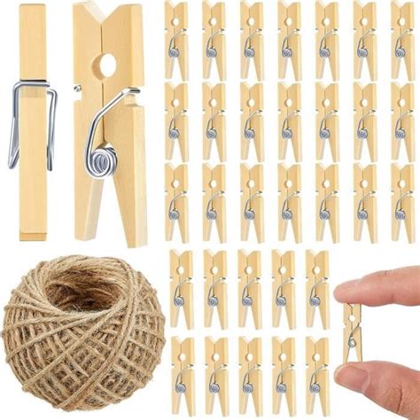 Lot De 100 Mini Pinces À Linge En Bois De 30 M Ficelle De Jute