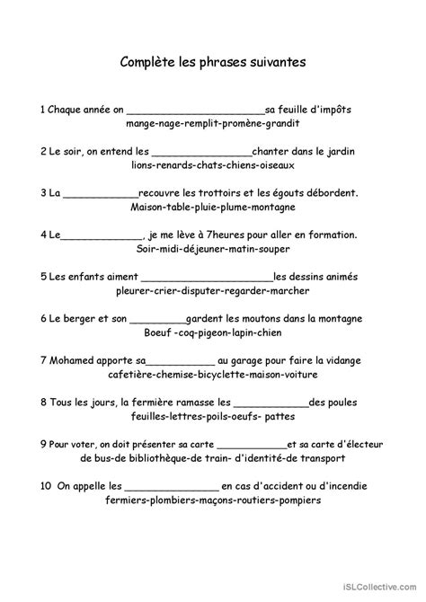 Construction De Phrases Compr Hensio Fran Ais Fle Fiches Pedagogiques