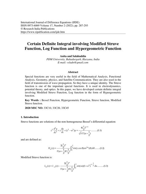 pdf certain definite integral involving modified struve function log function and