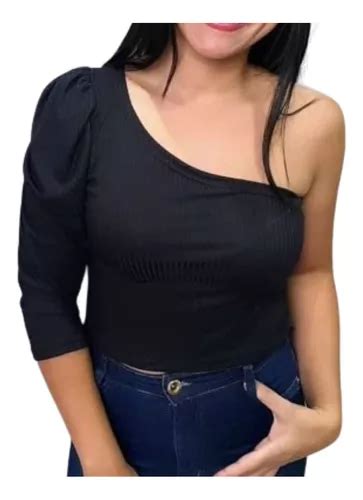 Blusa Feminina Cropped Mula Manca Um Ombro Só Manga Longa