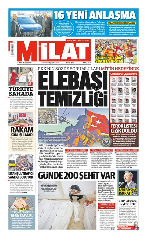 Milat Gazetesi 19 Aralık 2023 Salı Günü Manşeti