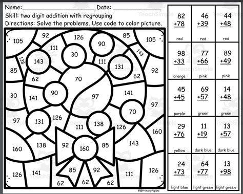 CHRISTMAS 2 DIGIT ADDITION WITH REGROUPING COLOR BY NUMBER CODE By