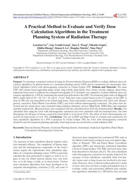pdf a practical method to evaluate and verify dose calculation calculation algorithms in