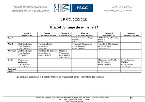 Emploi du temps S5 LP GC 2022 2023 Faculté des Sciences Aïn Chock