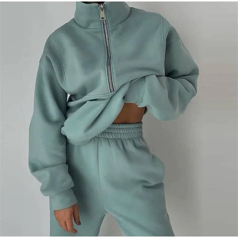 Polar Astarl Zip Up Kazak Ve Y Ksek Bel Pantolon Setleri Kad N E Ofman