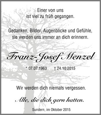 Traueranzeigen Von Franz Josef Menzel Trauer In NRW De