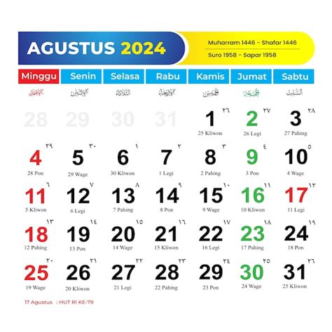 Premium Vector Kalender Agustus Lengkap Dengan Tanggal Merah