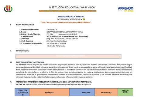 Experiencia De Aprendizaje N Dpcc Do Iii Bimestre Dpcc Unidad
