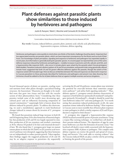 PDF Plant Defenses Against Parasitic Plants Show Similarities To