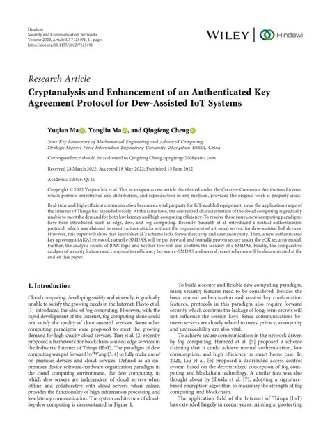 pdf cryptanalysis and enhancement of an authenticated key agreement protocol for dew assisted