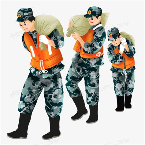 卡通手绘解放军抗洪救灾运送沙袋场景元素图片免费下载 PNG素材 编号192iw042m 图精灵