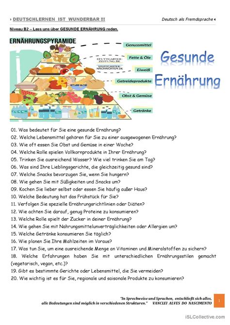 B2 Lass uns über GESUNDE ERNÄHRUNG Deutsch DAF Arbeitsblätter pdf doc