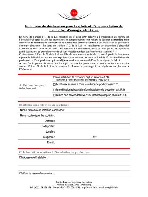 Formulaire De D Claration Pour L Exploitant D Une Installation De