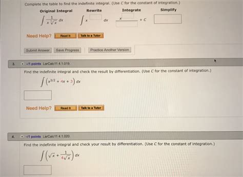 solved complete the table to find the indefinite integral