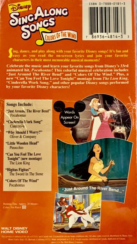 Walt Disney S Sing Along Songs Pocahontas Colors Of The Wind VHS Rare