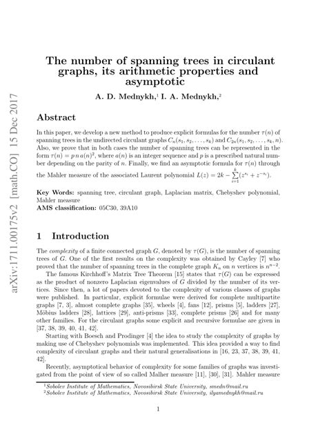 pdf the number of spanning trees in circulant graphs its arithmetic properties and asymptotic