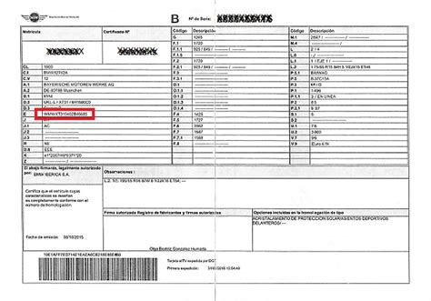 Número de bastidor en ficha técnica