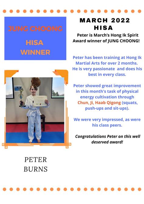 Hong Ik Martial Arts Spirit Award March Winner Of Brewster