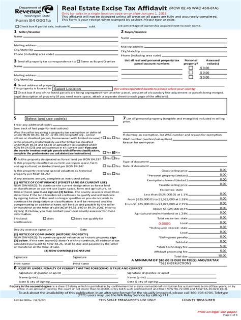 Fillable Online Dor Wa Real Estate Tax Affidavit For Single Location