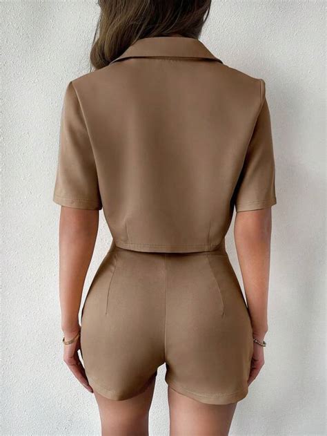SHEIN Essnce Solid Single Button Crop Blazer Shorts SHEIN USA