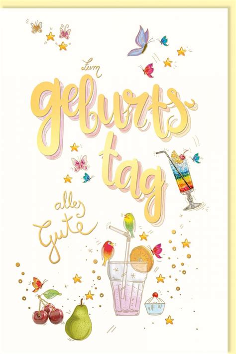 Glückwunschkarte Geburtstag Schmetterlinge Vögel Limonade