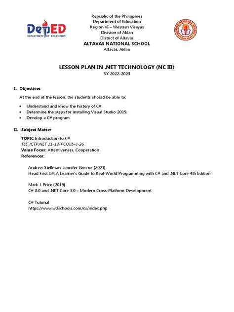 lesson plan pdf c sharp programming language computer program