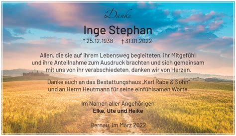 Traueranzeigen von Inge Stephan Märkische Onlinezeitung Trauerportal