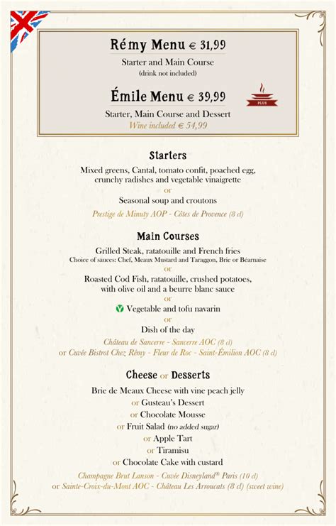 Bistrot chez Rémy Menu at Walt Disney Studios Park Restaurants and