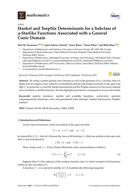 pdf mathematics hankel and toeplitz determinants for a subclass of q starlike functions