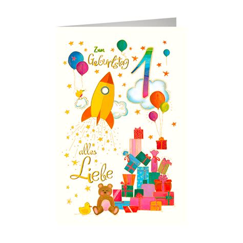 1 Geburtstag Karte Mit Umschlag Rakete Und Geschenke Mit Goldf
